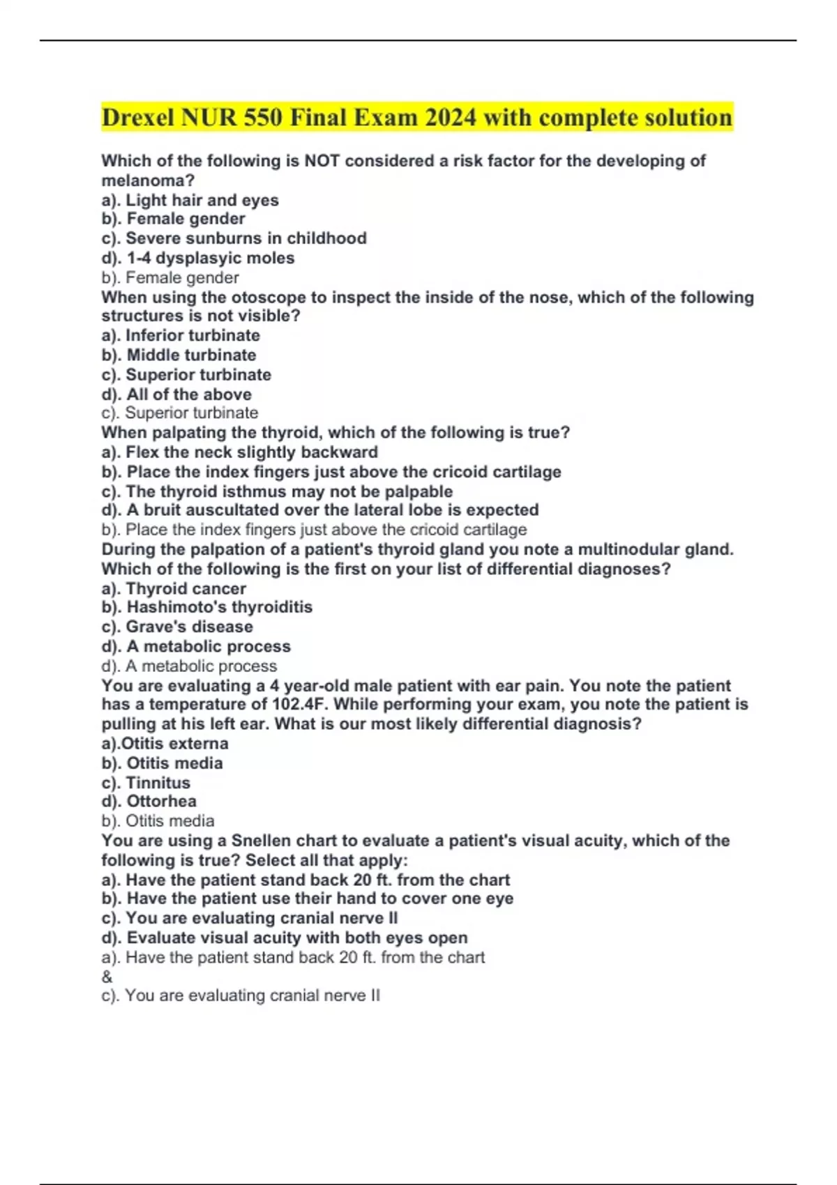 Drexel NUR 550 Final Exam 2024 with complete solution - Nursing - Stuvia US