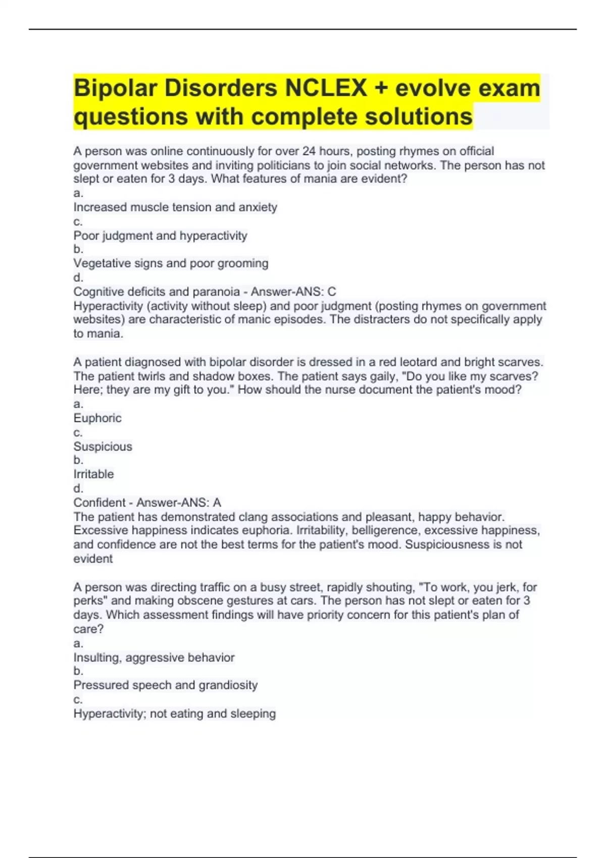 Bipolar Disorders NCLEX + evolve exam questions with complete solutions ...