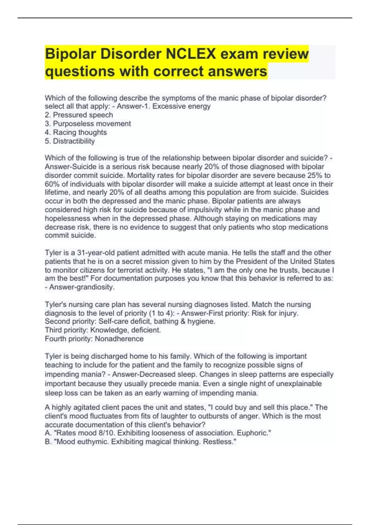 Bipolar Disorder NCLEX exam review questions with correct answers ...