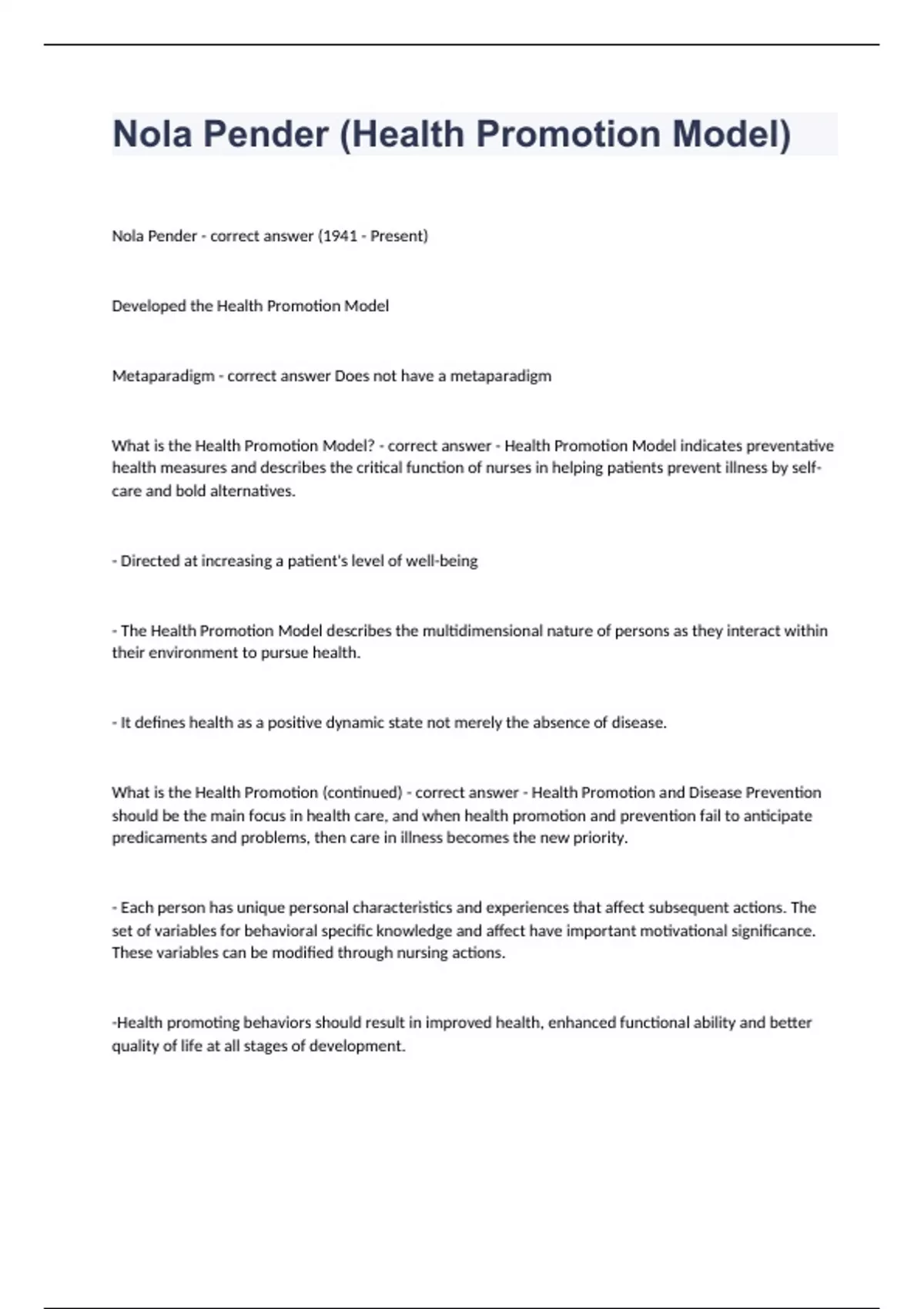 Nola Pender (Health Promotion Model) questions & answers graded A+ 2024 ...