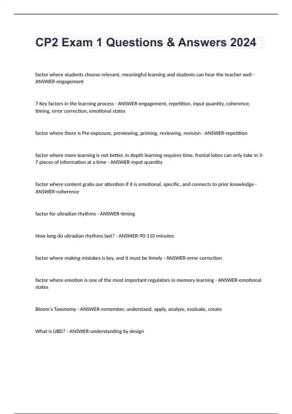 CP2 Exam 1 Questions & Answers 2024 - CP2 - Stuvia US