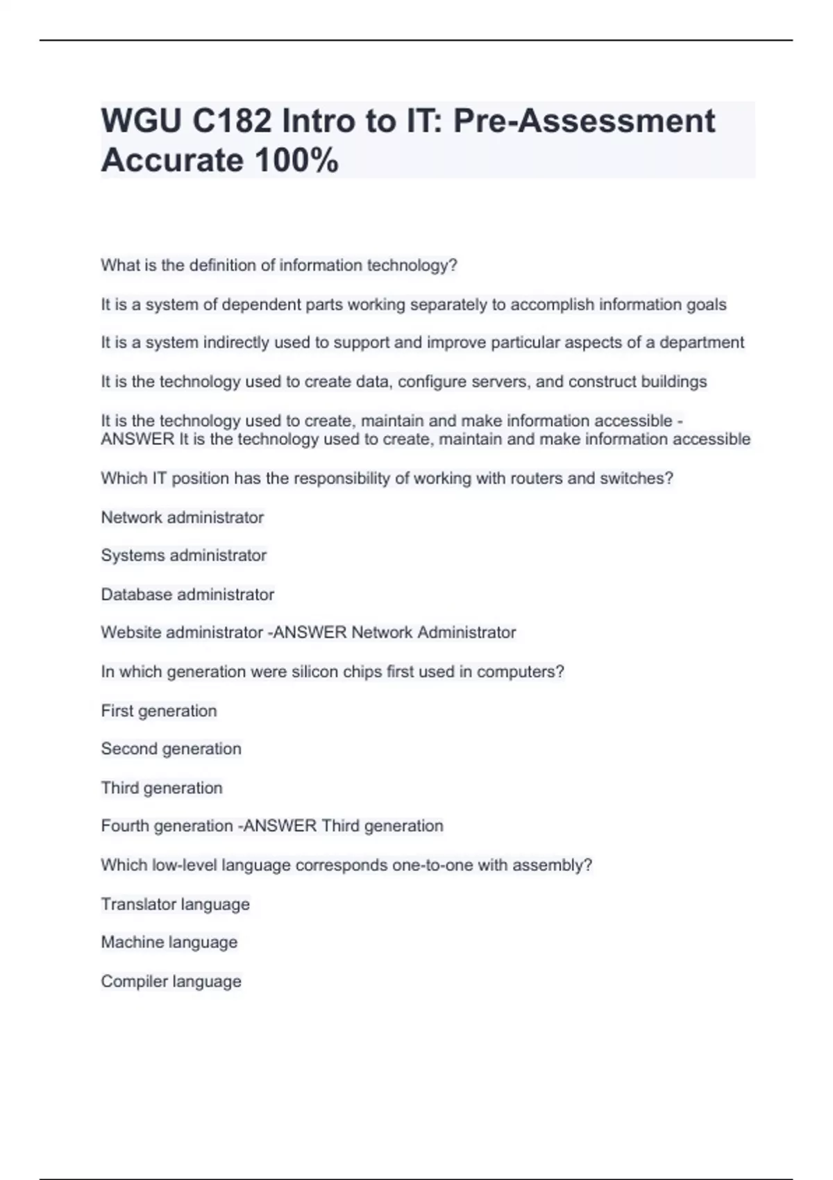 WGU C182 Intro to IT: Pre-Assessment Accurate 100% - WGU C182 Intro to ...