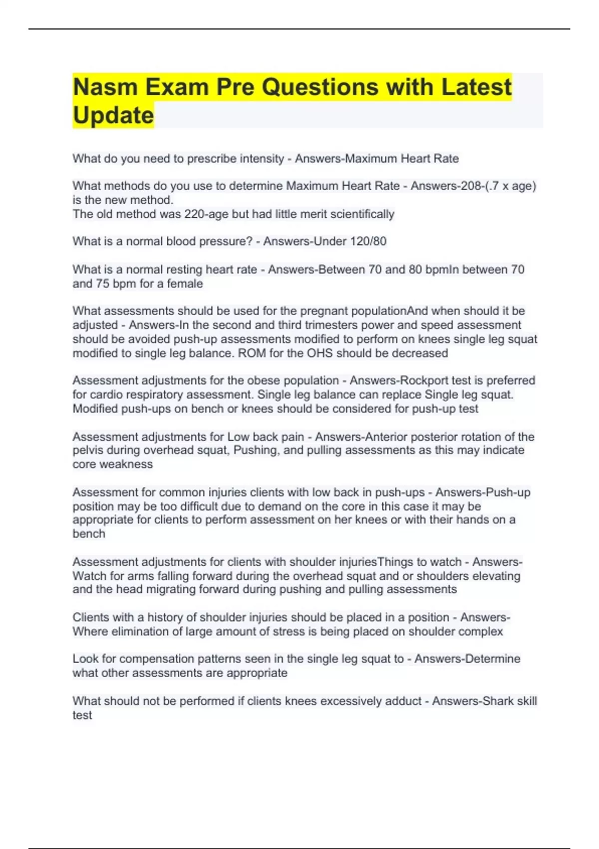 Nasm Exam Pre Questions with Latest Update - NASM - Stuvia US