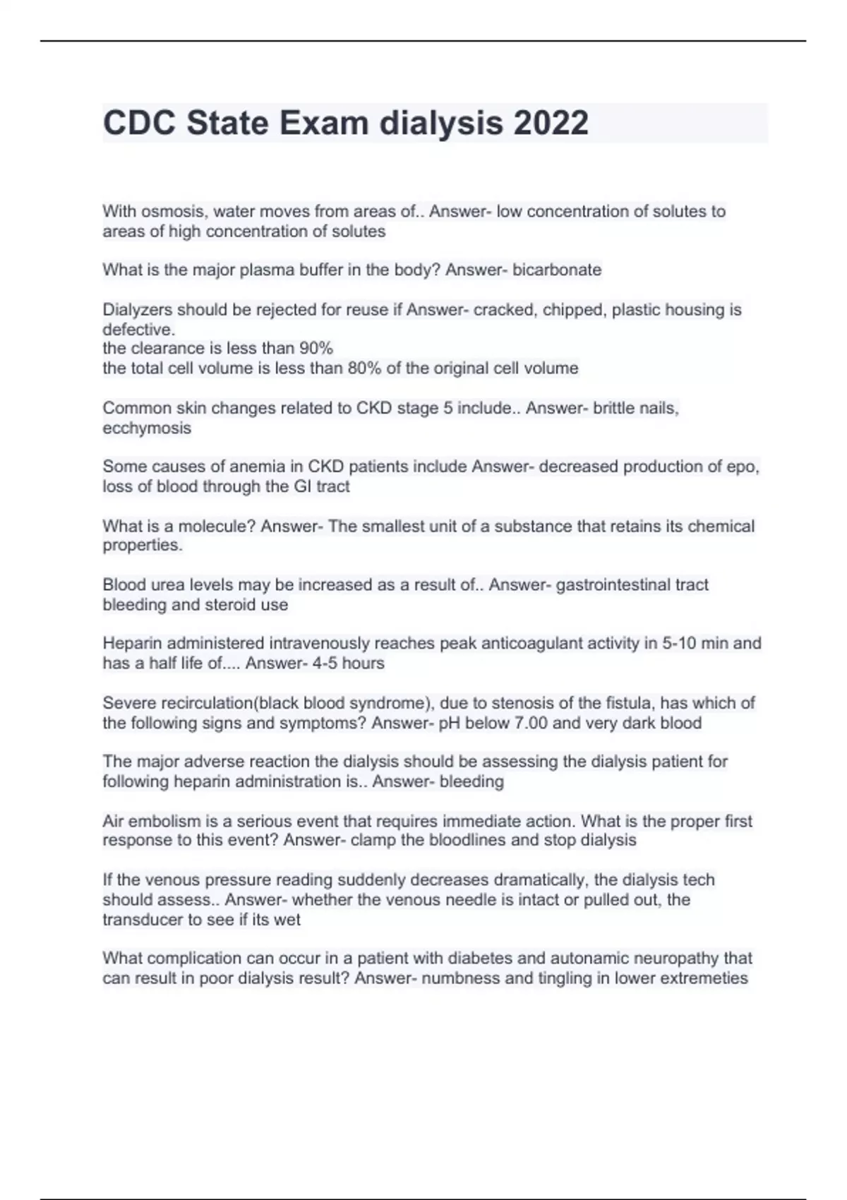 CDC State Exam dialysis 2024 with complete solution - Nursing education ...