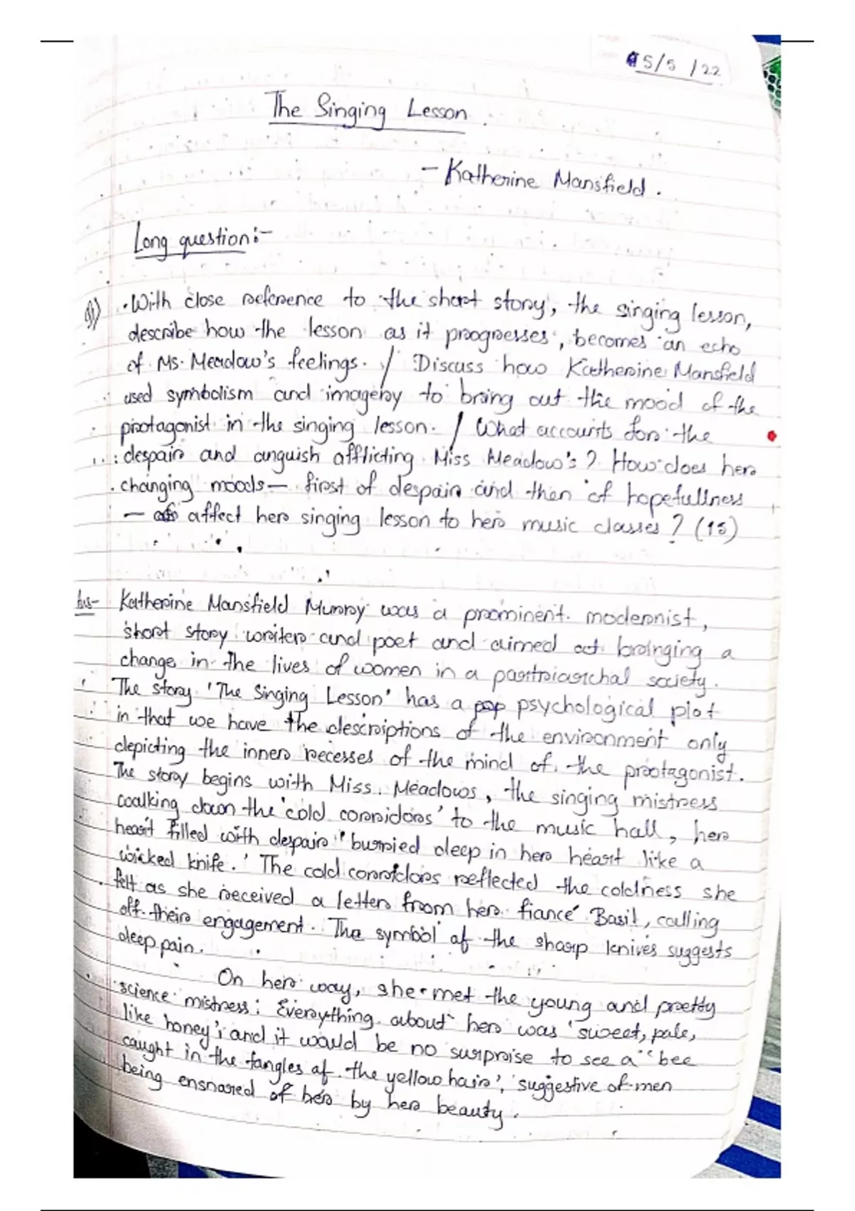 THE SINGING LESSON NOTES - ENGLISH LITERATURE ISC - Stuvia US