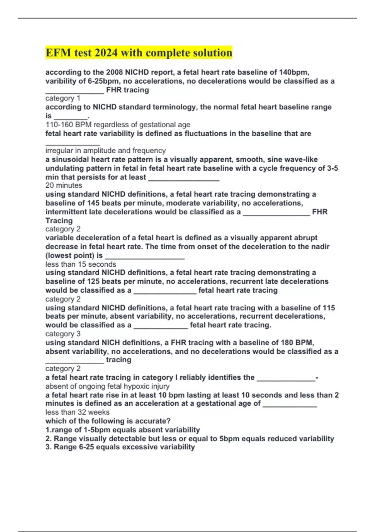 EFM test 2024 with complete solution - Nursing - Stuvia US