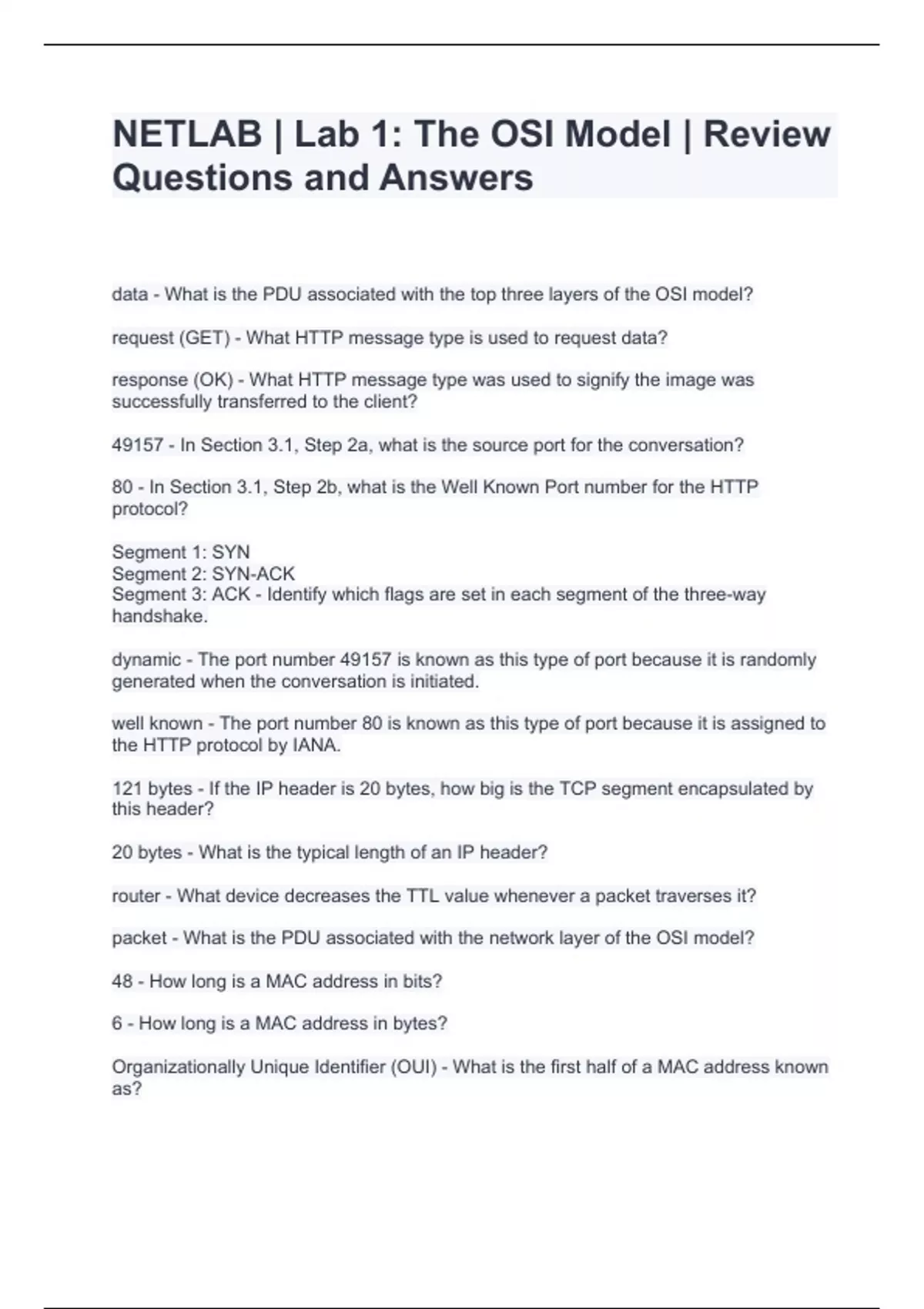 NETLAB | Lab 1: The OSI Model | Review Questions and Answers - Nursing ...