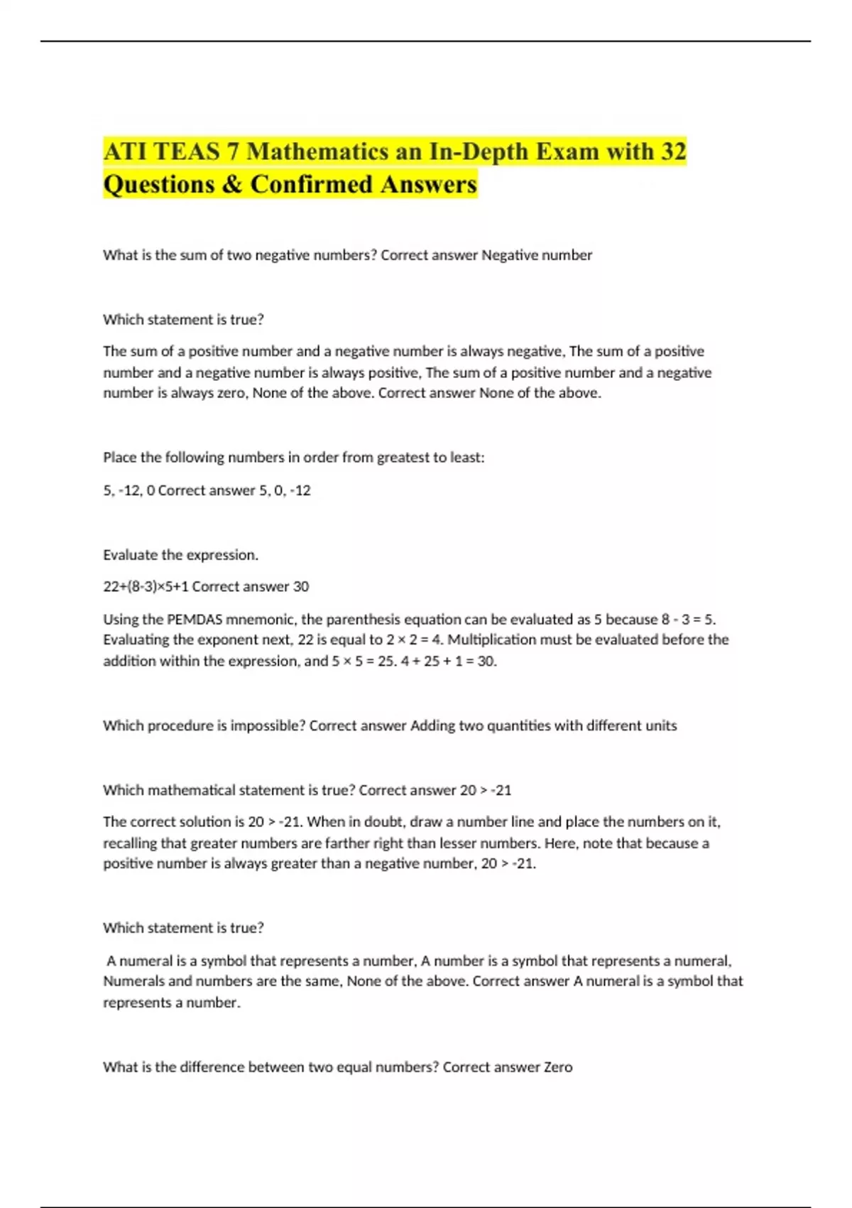 ATI TEAS 7 Mathematics an In-Depth Exam with 32 Questions & Confirmed ...