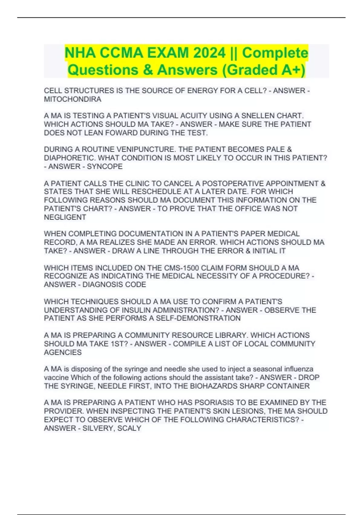 NHA CCMA Certification Exam 2024|| With Complete Questions & Answers ...