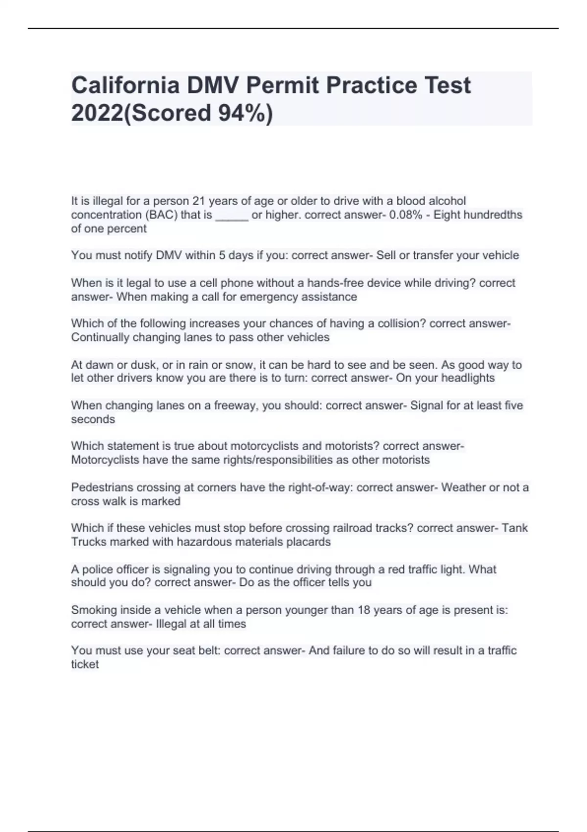 California DMV Permit Practice Test 2024 with complete solution ...