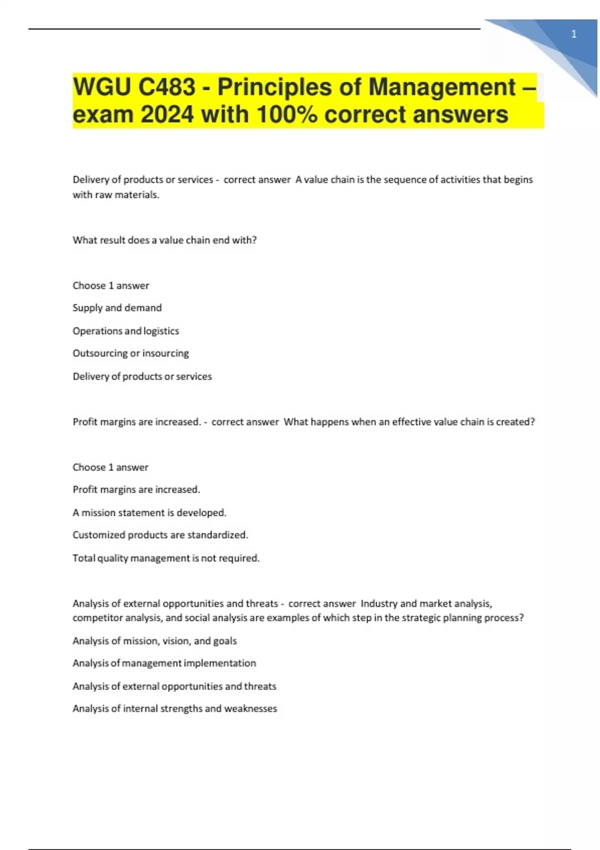 WGU C483 - Principles of Management – exam 2024 with 100% correct ...