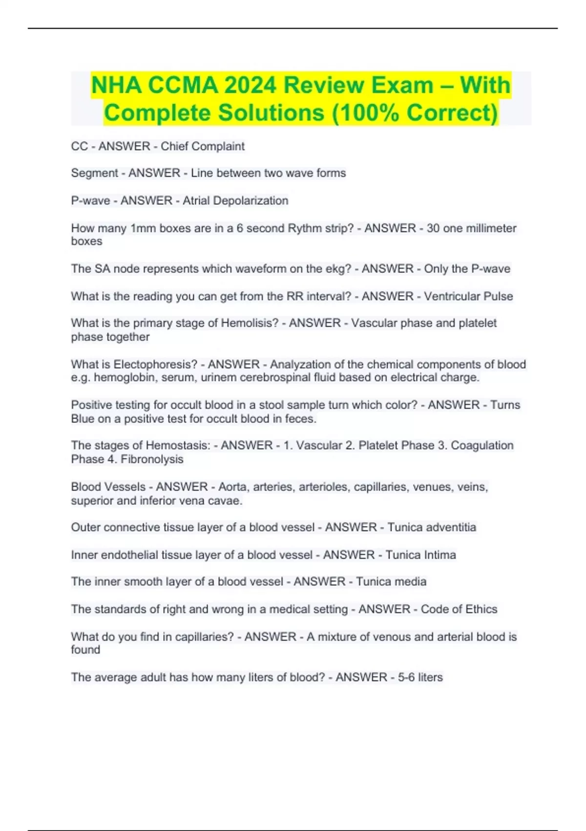 NHA CCMA 2024 Review Exam – With Complete Solutions (100% Correct ...