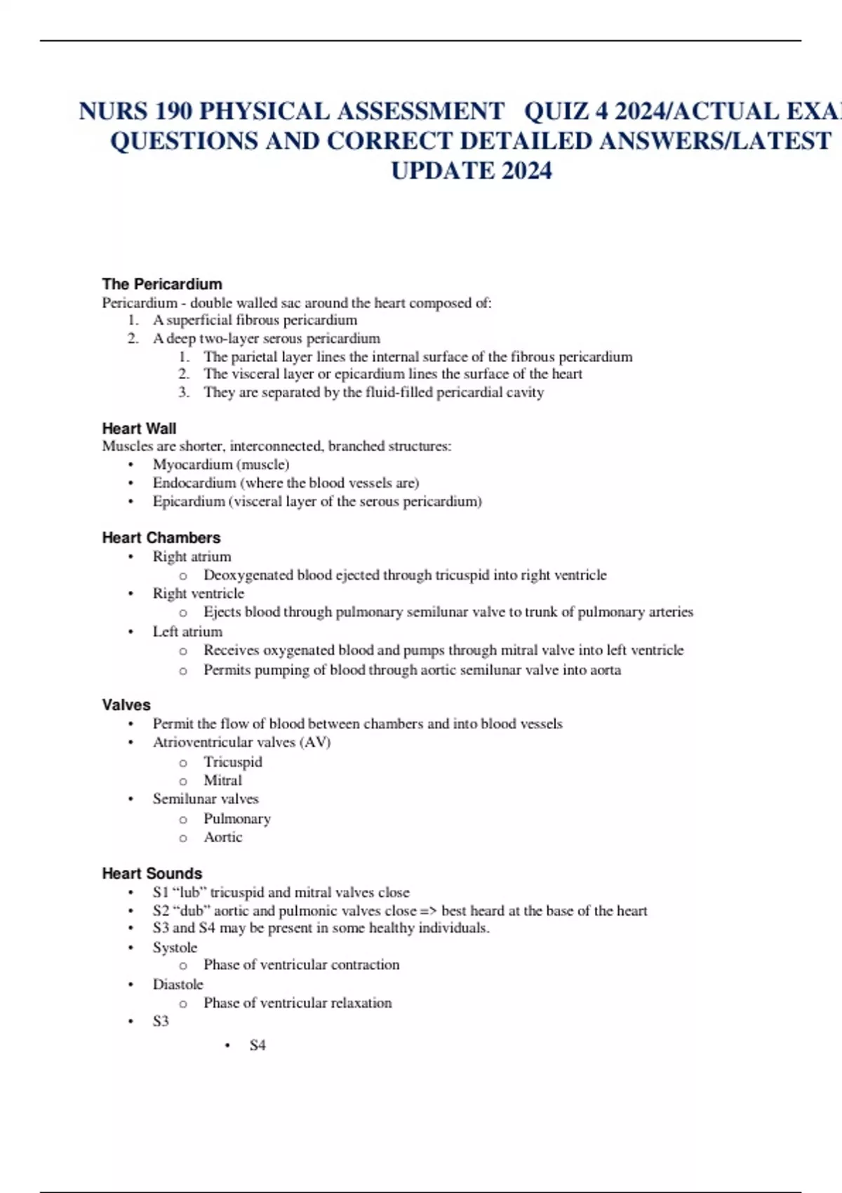 NURS 190 PHYSICAL ASSESSMENT QUIZ 4 2024/ACTUAL EXAM QUESTIONS AND CORRECT DETAILED ANSWERS ...