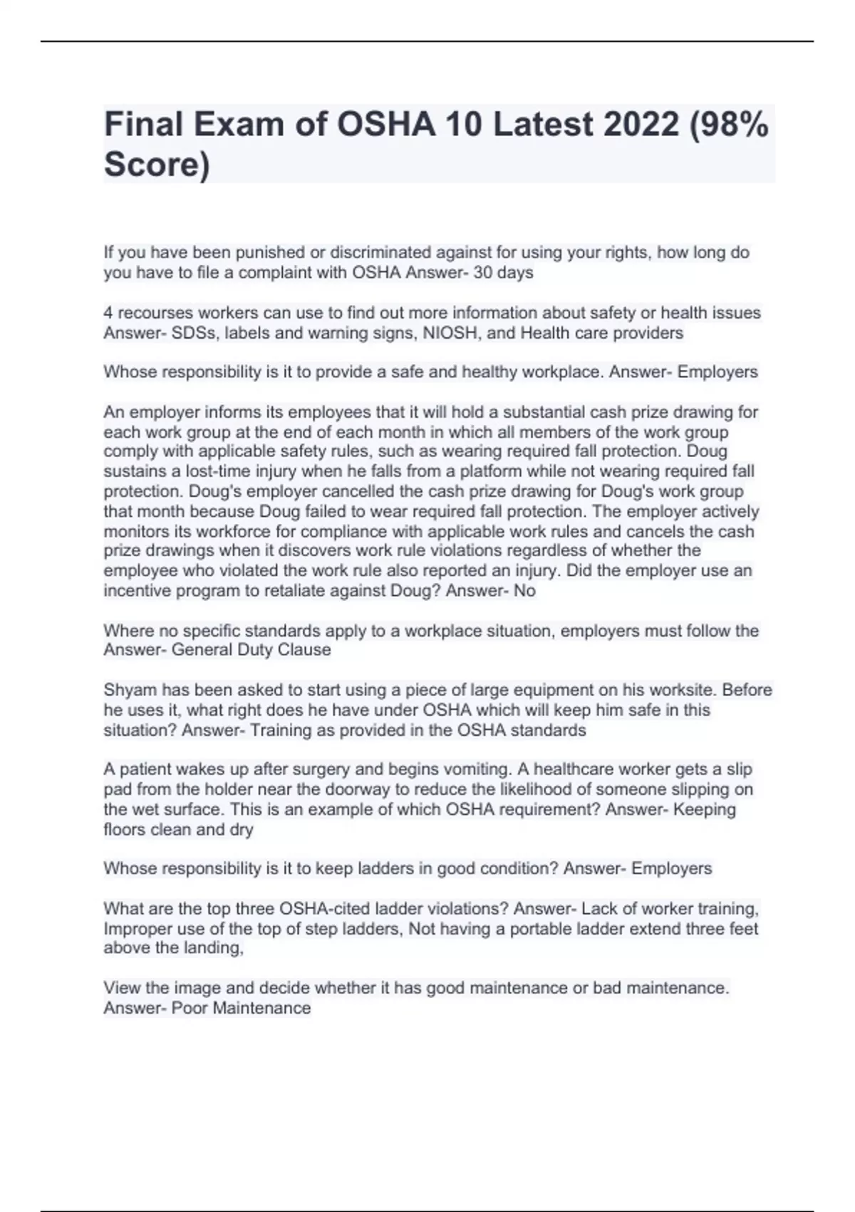 Final Exam of OSHA 10 Latest 2024 with complete solution - Nursing ...