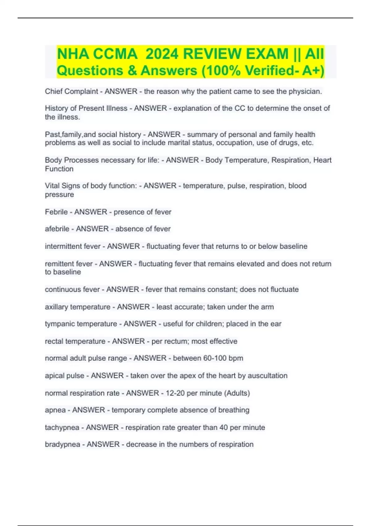 NHA CCMA 2024 REVIEW EXAM || All Questions & Answers (100% Verified- A+ ...