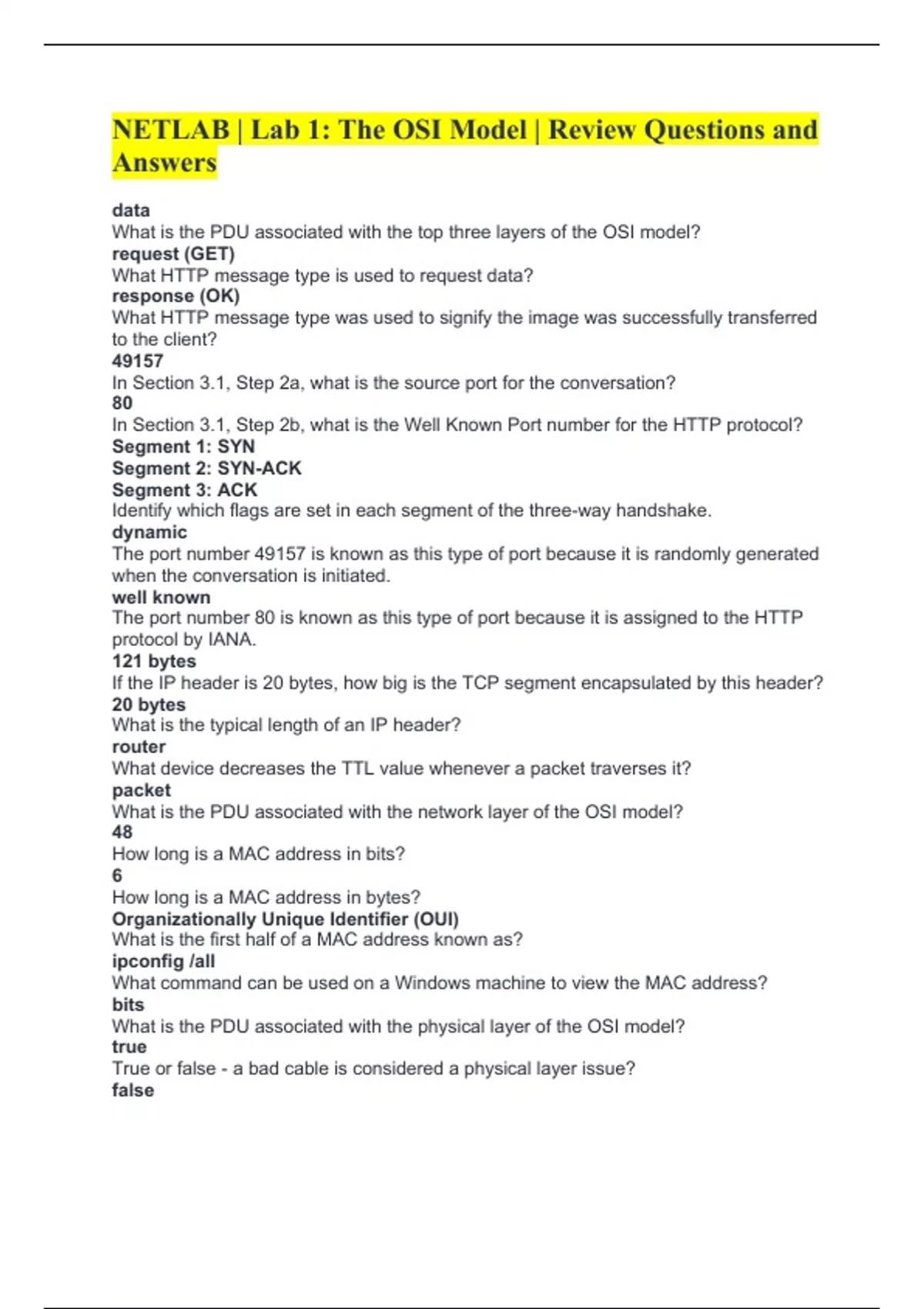NETLAB | Lab 1: The OSI Model | Review Questions and Answers - Nursing ...