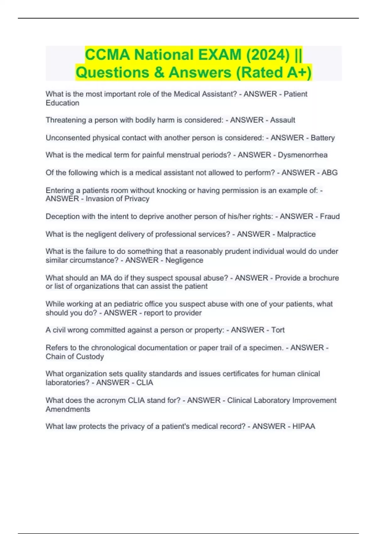 CCMA National EXAM (2024) || Questions & Answers (Rated A+) - CCMA ...