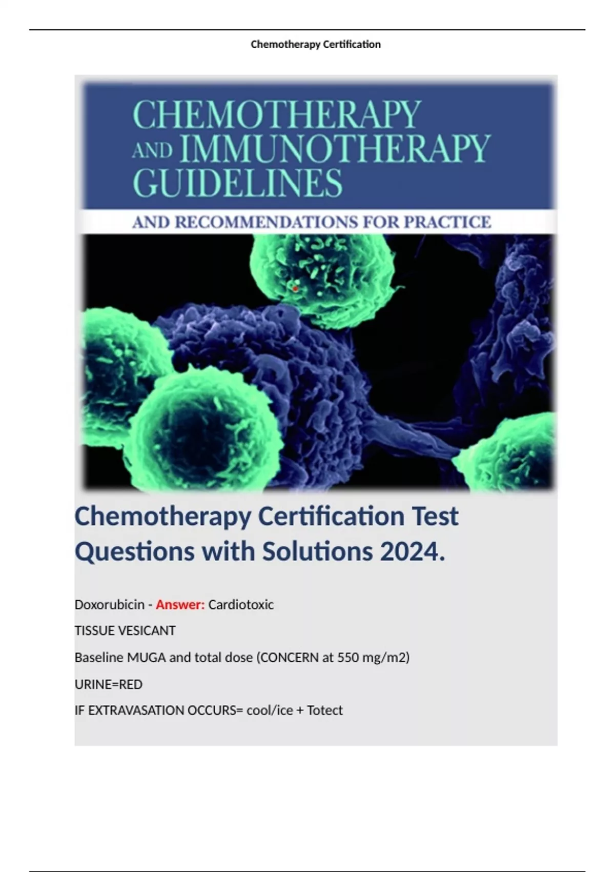 Chemotherapy Certification Test Questions with Solutions 2024 ...