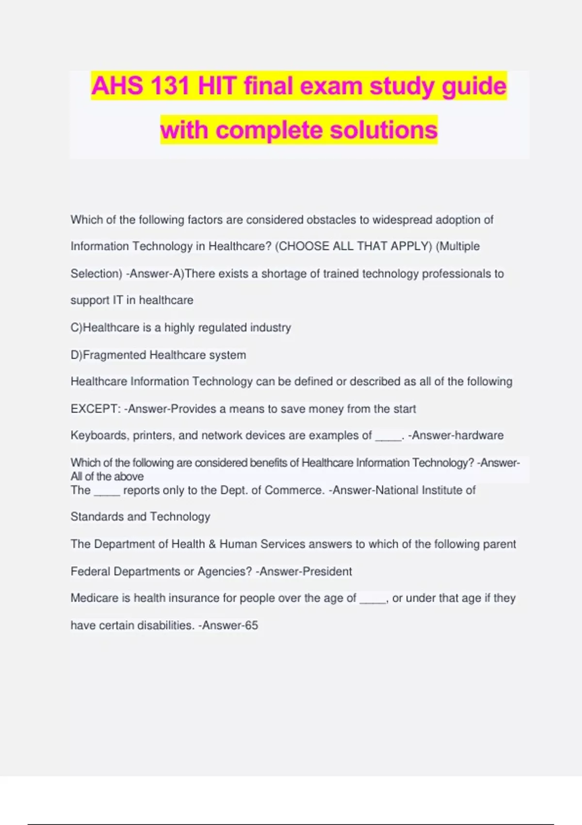 AHS 131 HIT final exam study guide with complete solutions - AHS 131 ...
