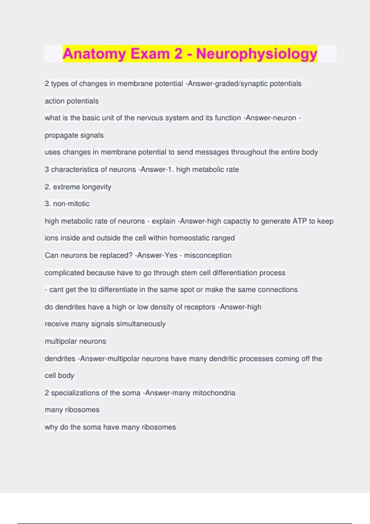 Anatomy Exam 2 - Neurophysiology Quizzes with 100% Correct Answers 2024 ...