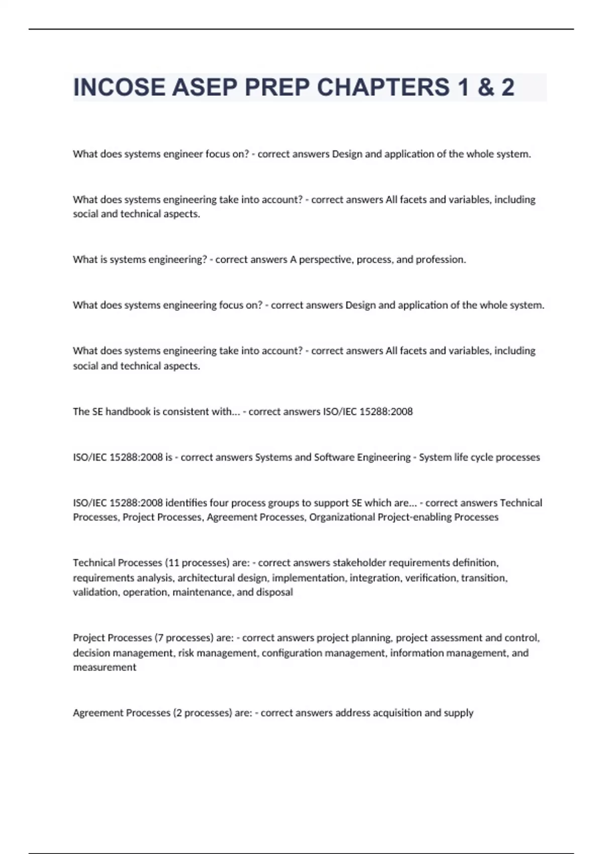 INCOSE ASEP PREP CHAPTERS 1 & 2 fully solved 2024 - INCOSE ASEP - Stuvia US