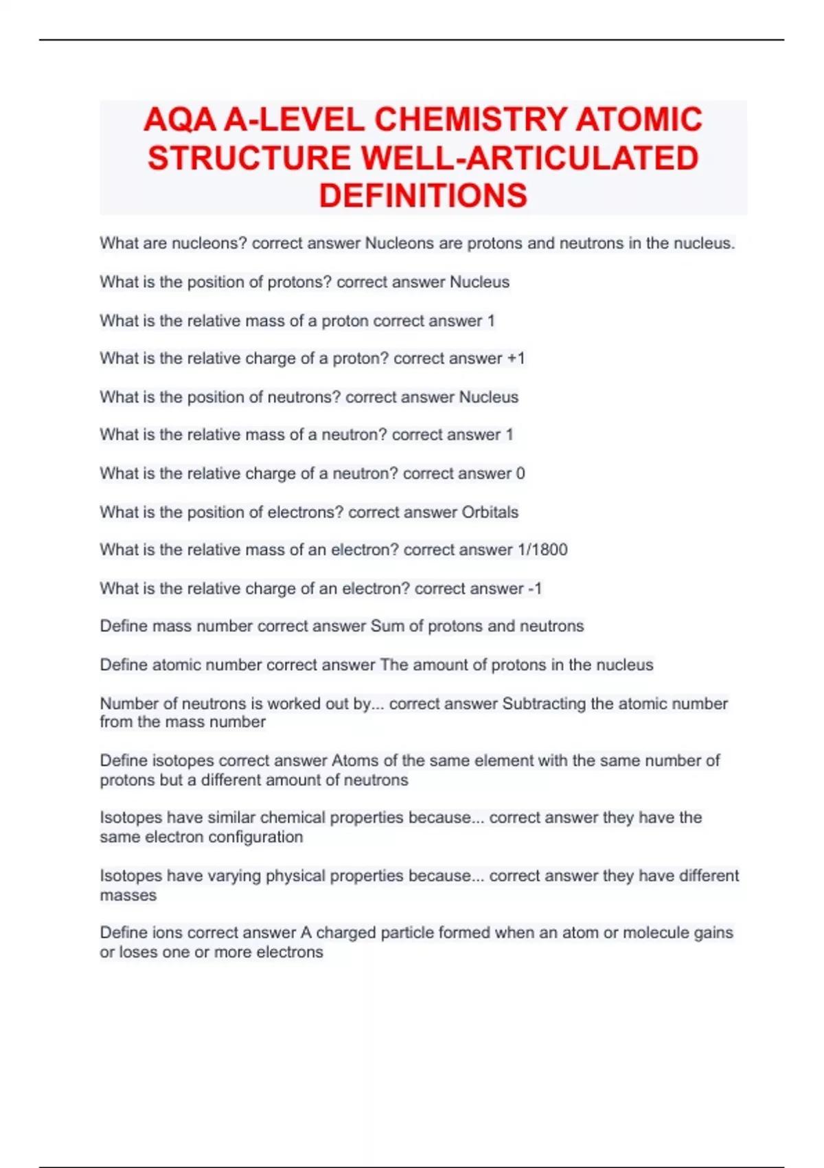AQA A-LEVEL CHEMISTRY ATOMIC STRUCTURE WELL-ARTICULATED DEFINITIONS - AQA A-LEVEL CHEMISTRY ...