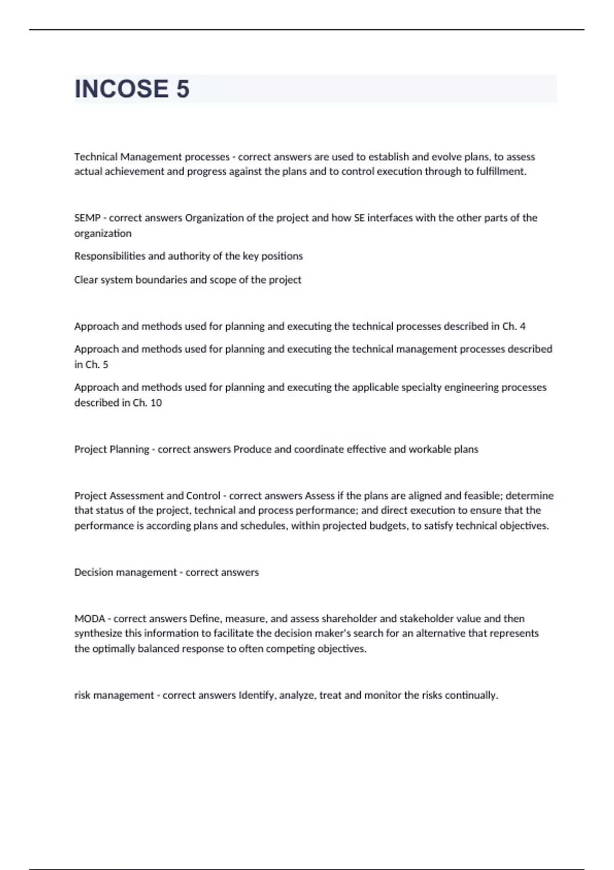 INCOSE 5 questions with 100% correct answers graded A+ 2024 - INCOSE ...