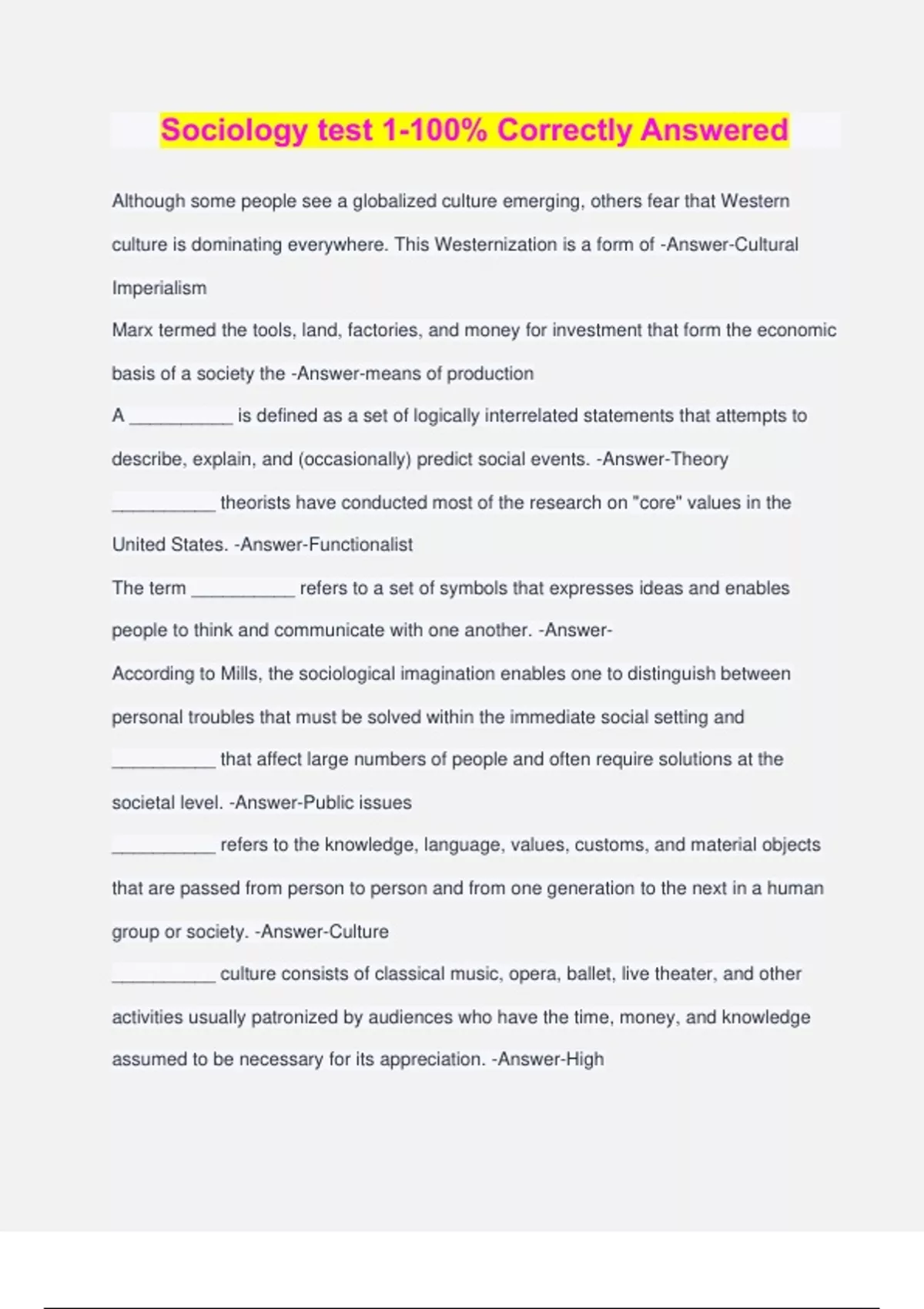 Sociology test 1-100% Correctly Answered - Sociology - Stuvia US