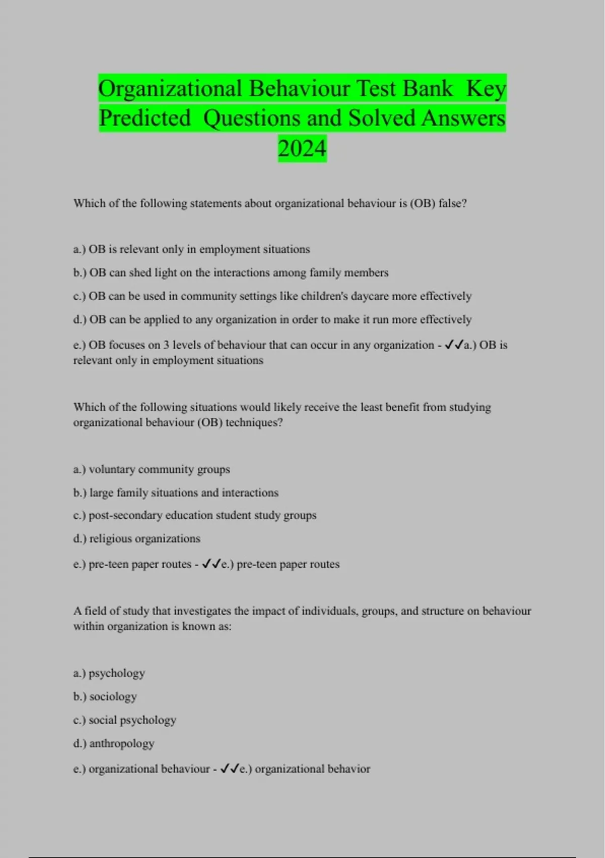 Organizational Behaviour Test Bank Key Predicted Questions and Solved ...