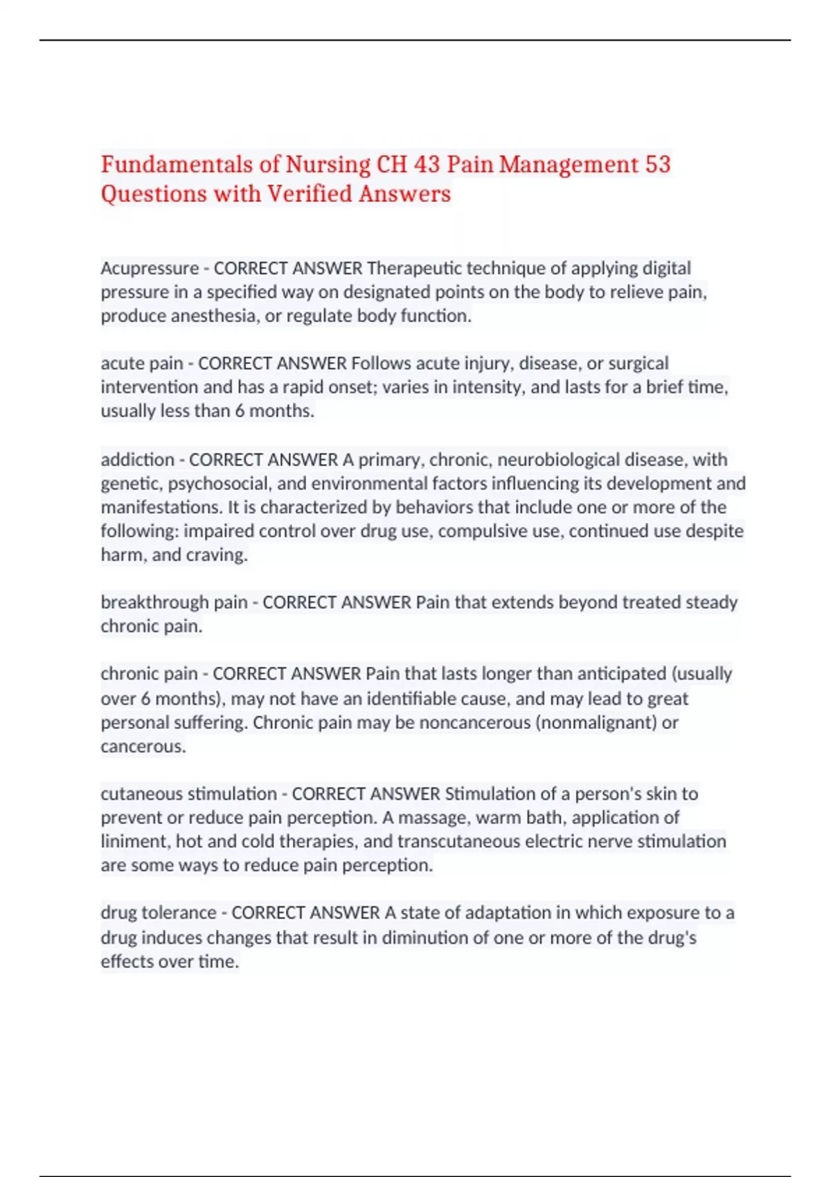 Fundamentals of Nursing CH 43 Pain Management 53 Questions with ...