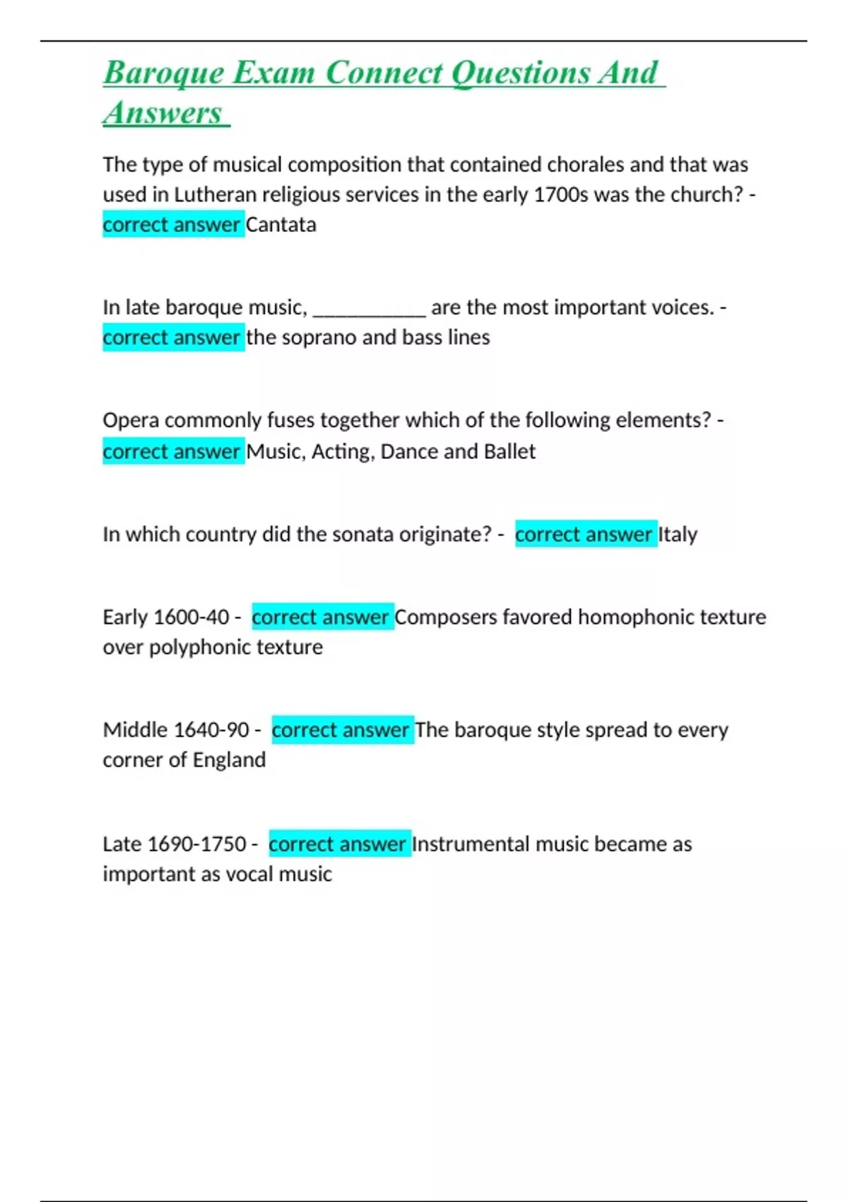 Baroque Exam Connect Questions And Answers - Baroque - Stuvia US