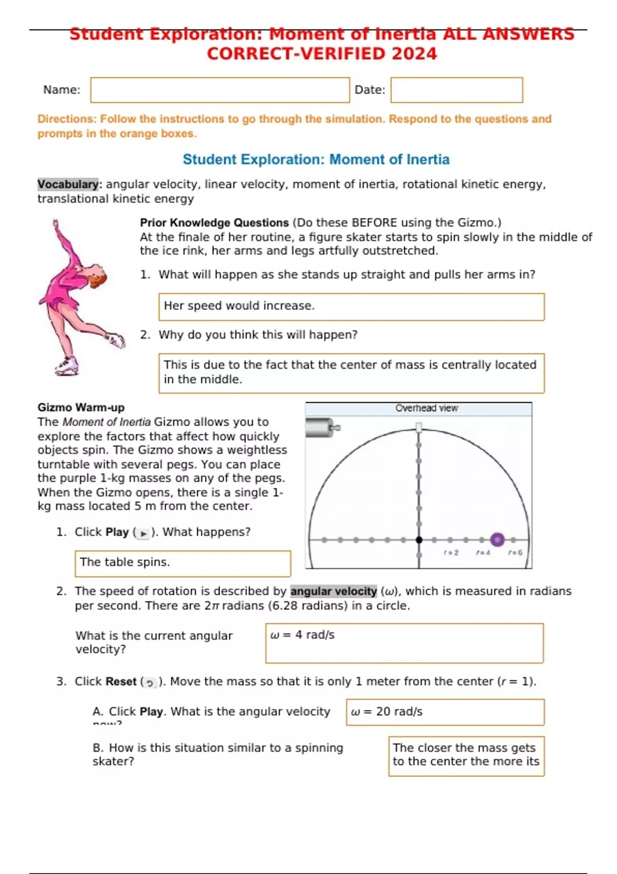 Student Exploration: Moment of Inertia ALL ANSWERS CORRECT-VERIFIED ...