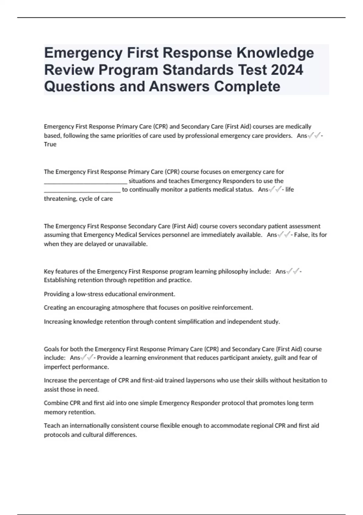 Emergency First Response Knowledge Review Program Standards Test 2024 ...