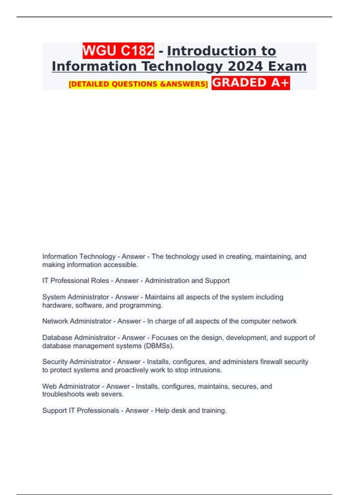 WGU C182 - Introduction to Information Technology 2024 Exam [DETAILED QUESTIONS &ANSWERS] GRADED ...