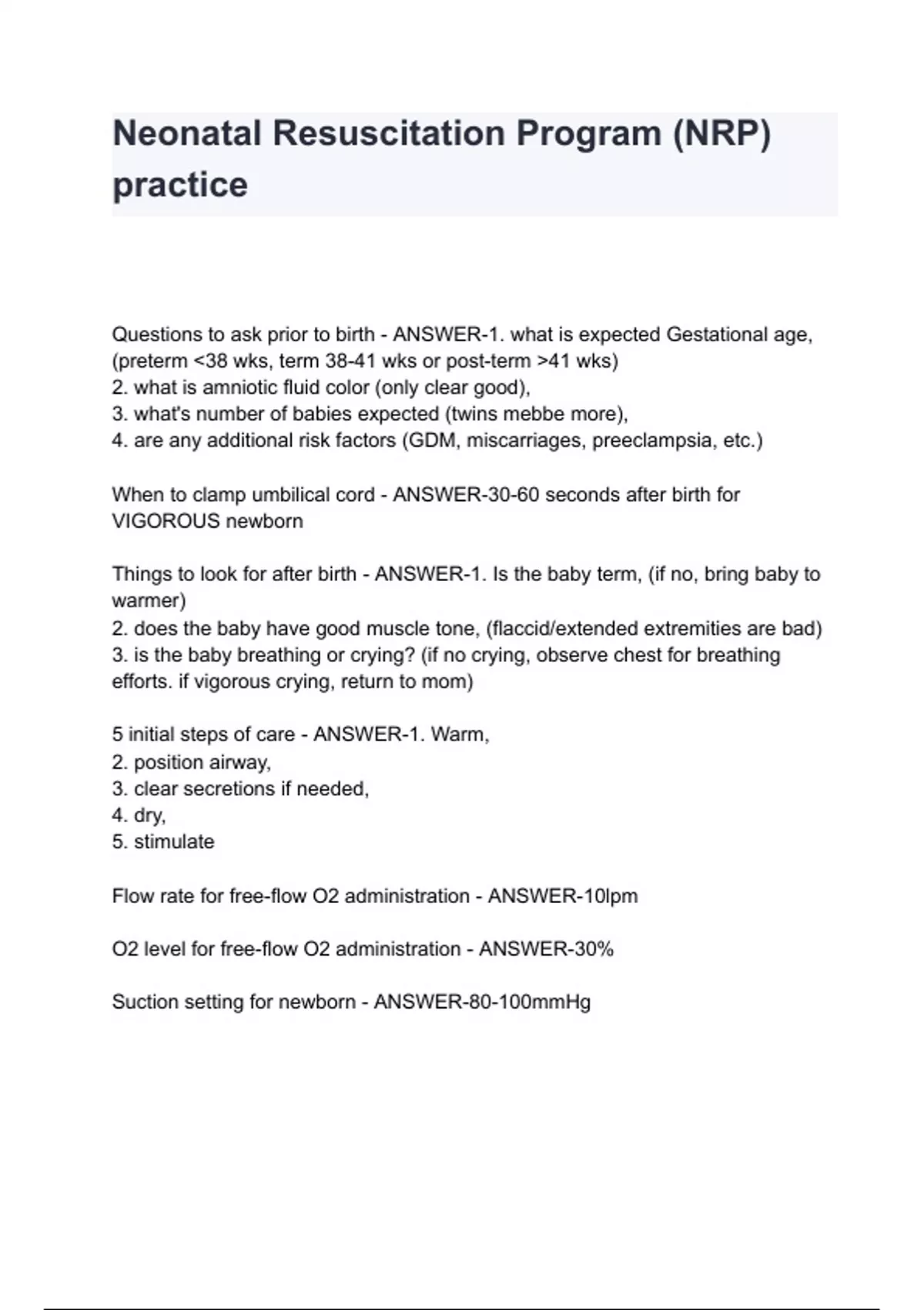Neonatal Resuscitation Program (NRP) practice questions with correct answers - Neonatal ...