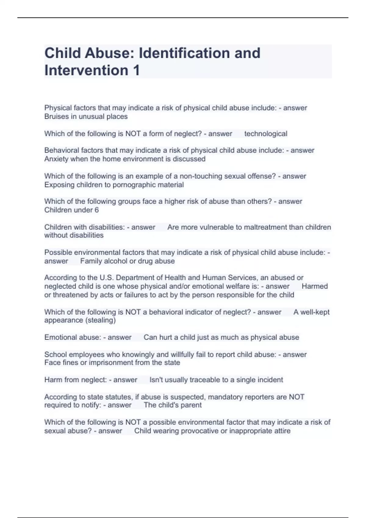 Child Abuse. Identification and Intervention 1 Questions and Answers ...