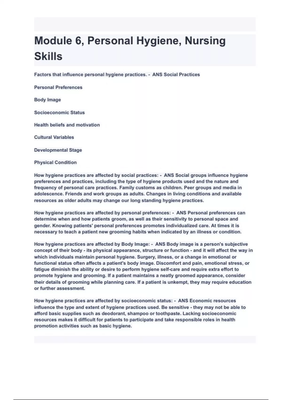 Module 6, Personal Hygiene, Nursing Skills Exam Questions with correct ...