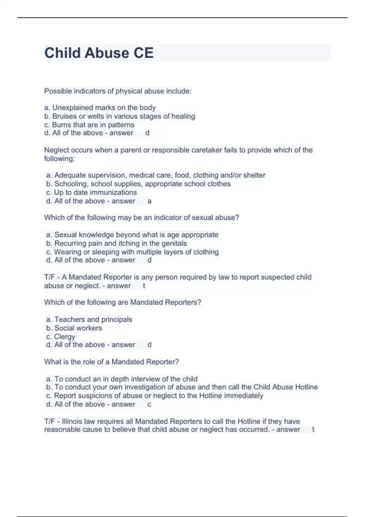 Child Abuse CE Questions with correct Answers - Child Abuse - Stuvia US