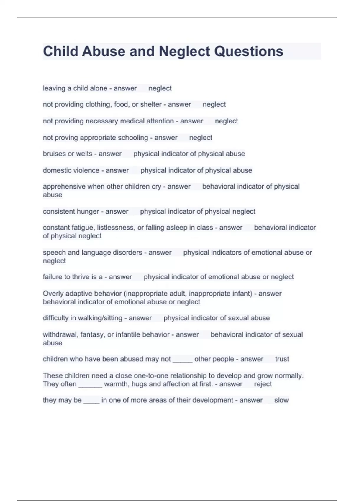 Child Abuse and Neglect Questions with correct Answers - Child Abuse - Stuvia US