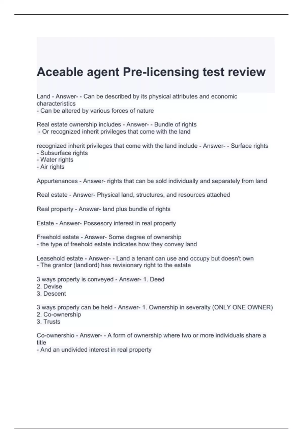 Aceable agent Pre-licensing test review questions and answers - Aceable ...