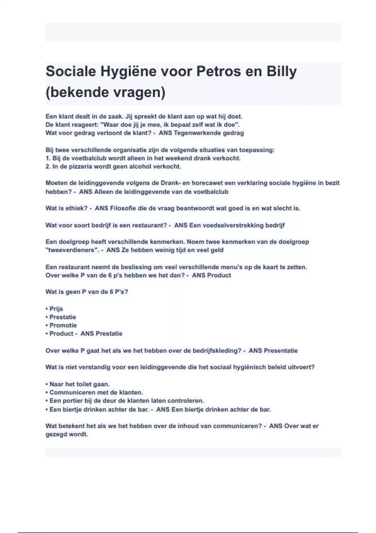 Sociale Hygiëne voor Petros en Billy (bekende vragen) Exam Questions ...