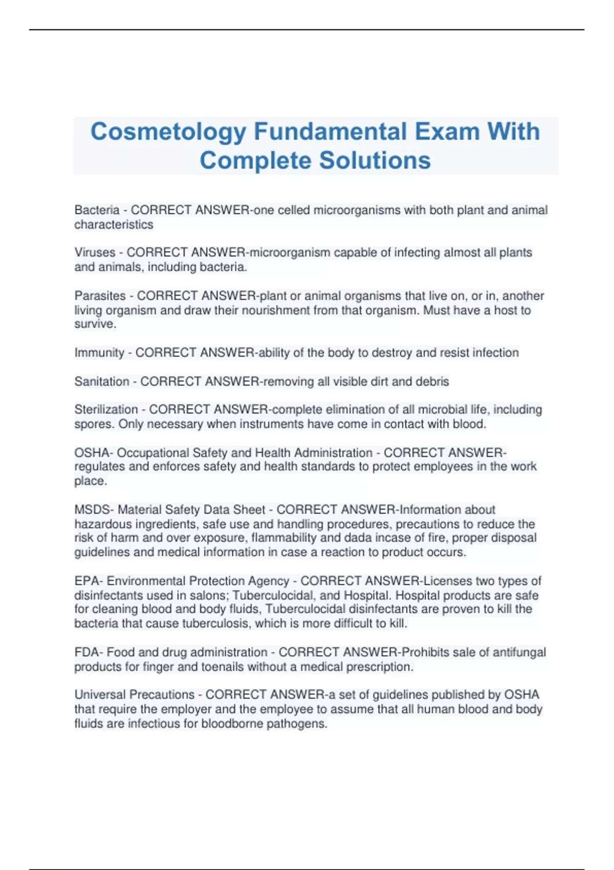 Cosmetology Fundamental Exam With Complete Solutions - Cosmetology ...