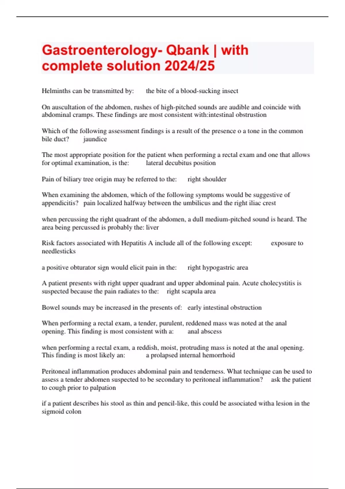 Gastroenterology- Qbank | with complete solution 2024/25 - Gastroenterology- Qbank - Stuvia US