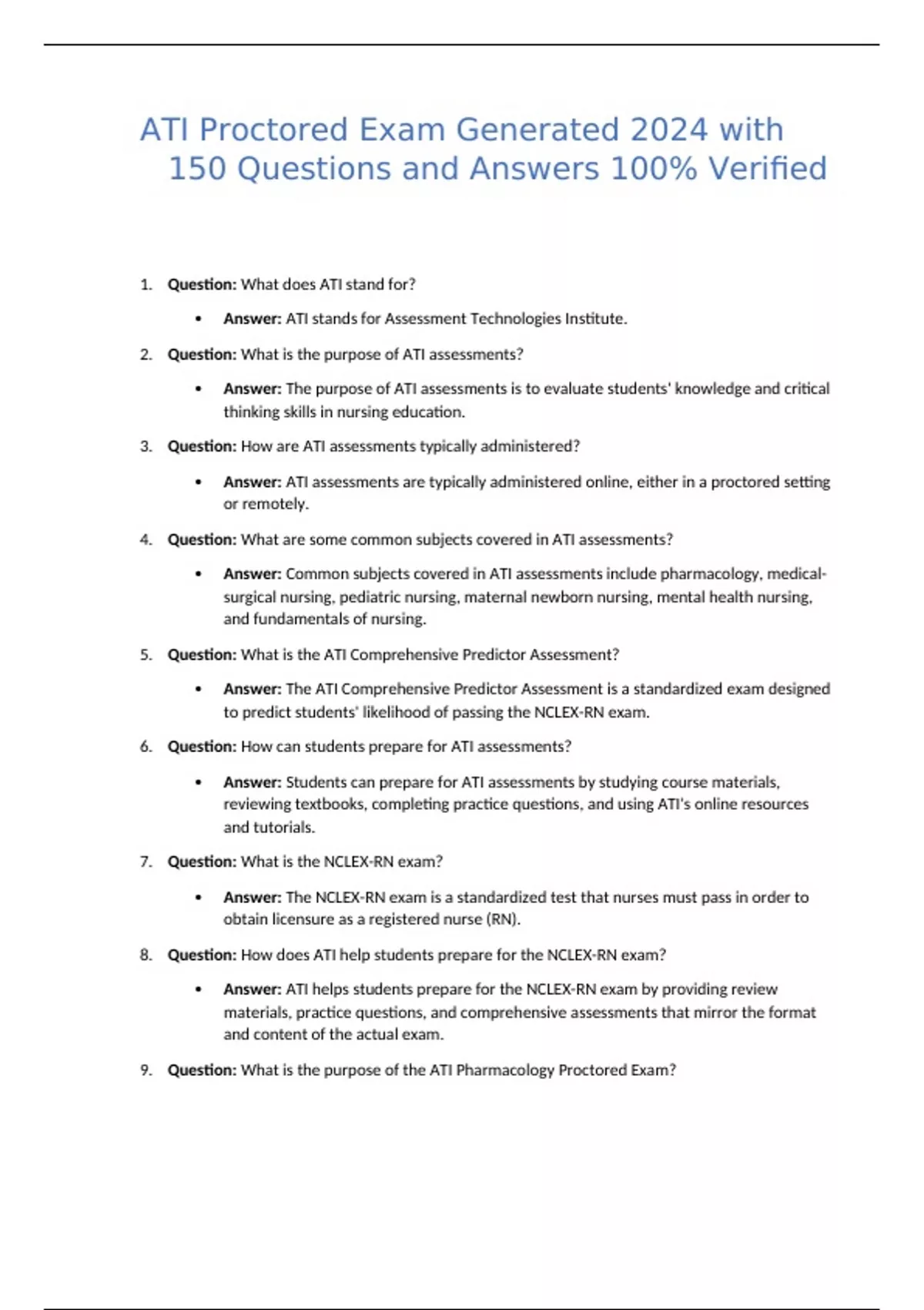 ATI Proctored Exam Generated 2024 with 150 Questions and Answers 100% ...