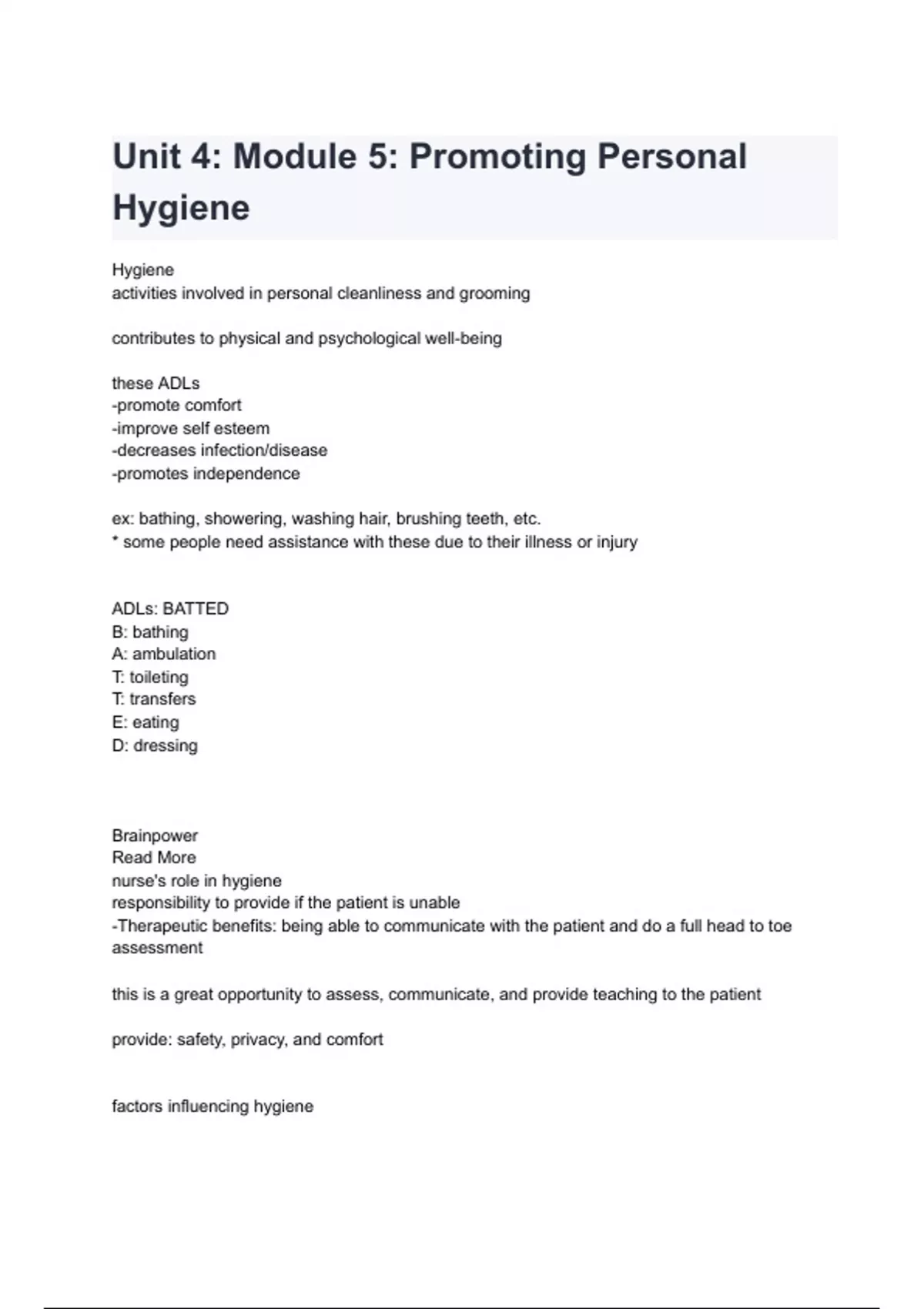 Unit 4: Module 5: Promoting Personal Hygiene Exam Questions with ...