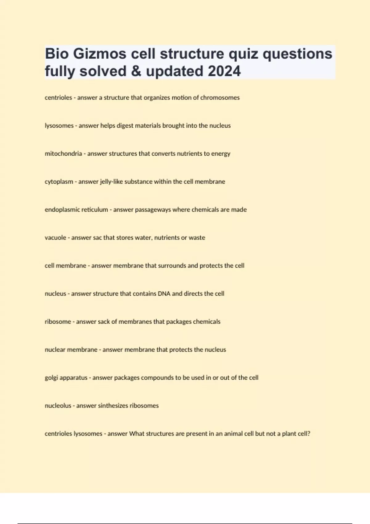 Bio Gizmos cell structure quiz questions fully solved & updated 2024 ...