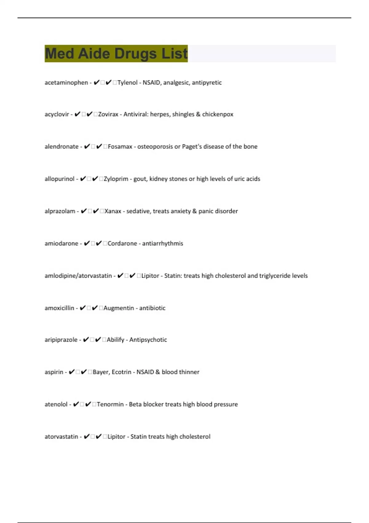 Med Aide Drugs List 86 Questions with 100% Correct Answers | Verified ...