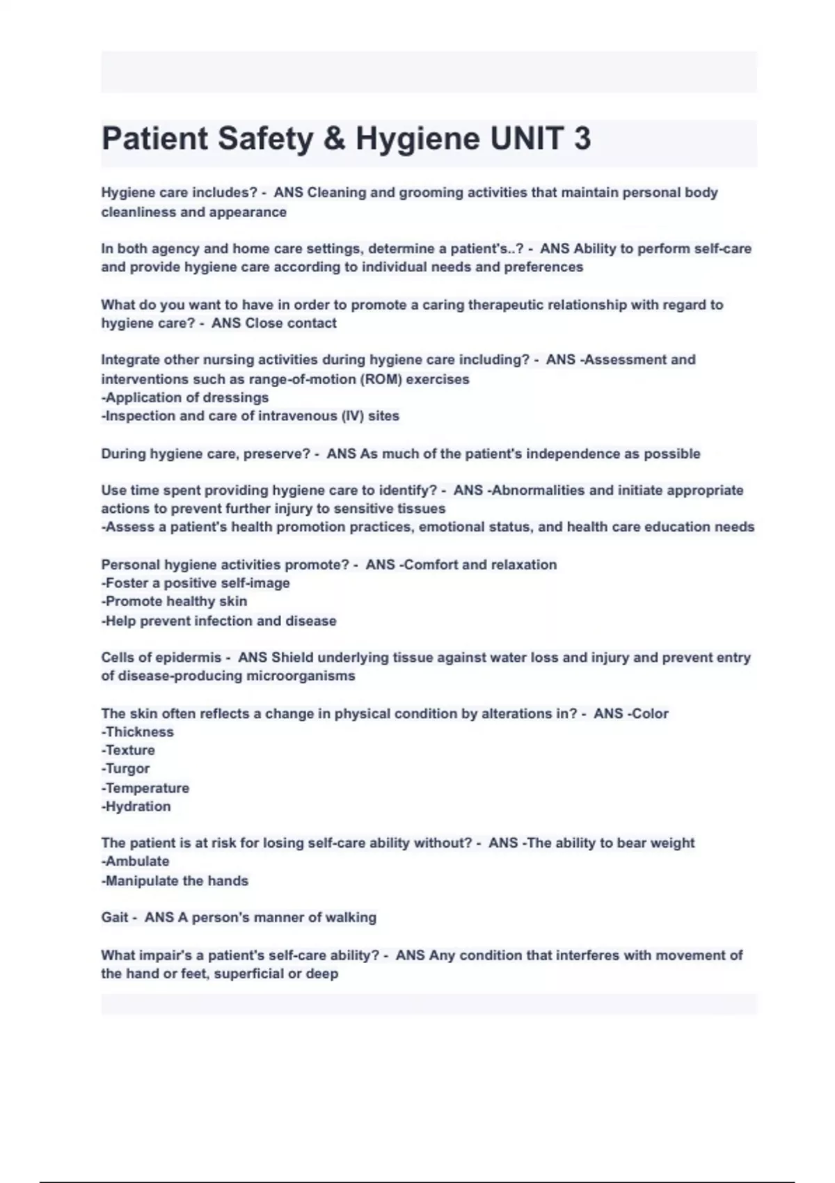 Patient Safety & Hygiene UNIT 3 Exam Questions with correct Answers ...