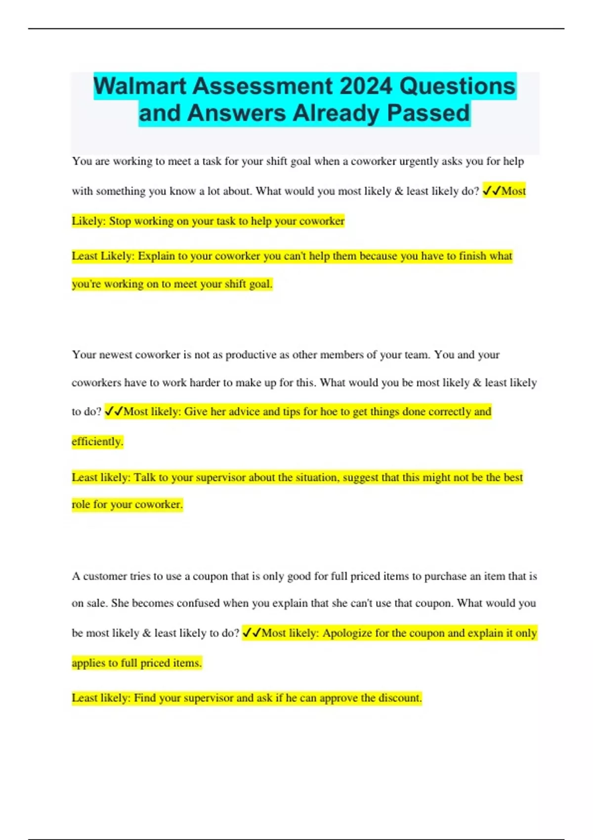 Walmart Assessment 2024 Questions and Answers Already Passed - Walmart ...