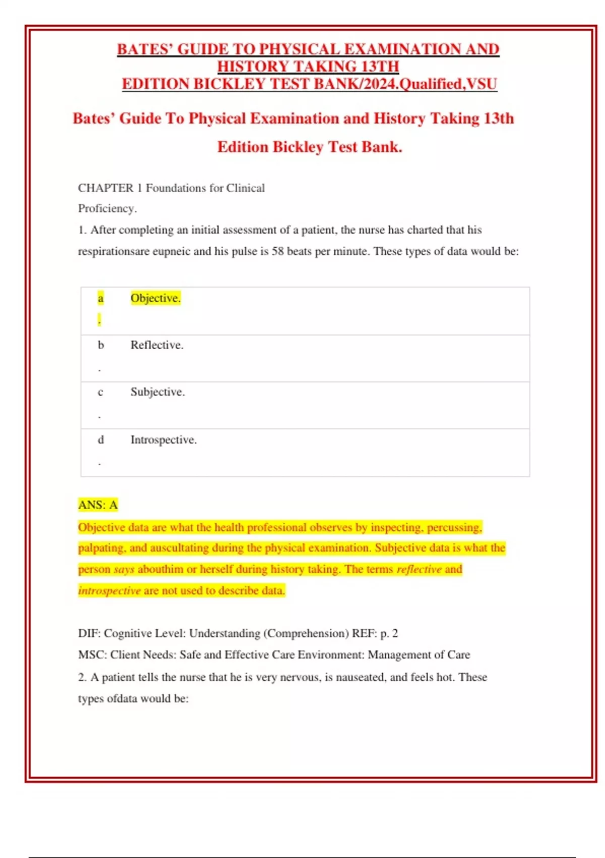 Test Bank- Bates Guide To Physical Examination and History Taking 13th ...